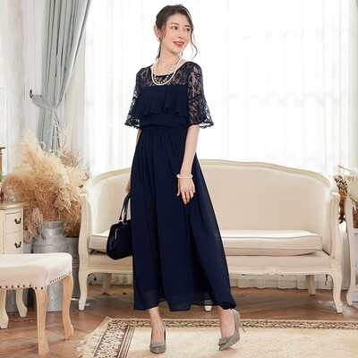 拼接雪纺连衣裙子女夏季修身显瘦裙子蕾丝长裙子日常礼服裙88202