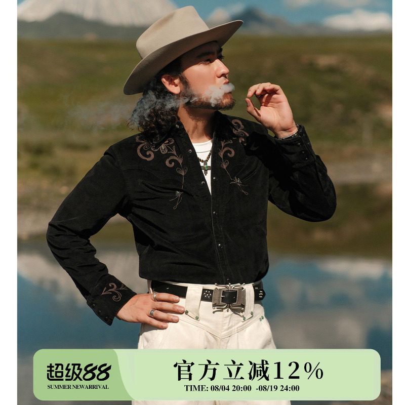 西部系列11.5OZ黑色水洗灯芯绒 玉米花绣花音乐家衬衫 MBBCAR窄幅