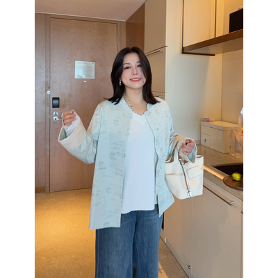 VOGANA戛纳家大码女装锦绣浮花国风温婉新中式翻袖撞色宽松外套秋