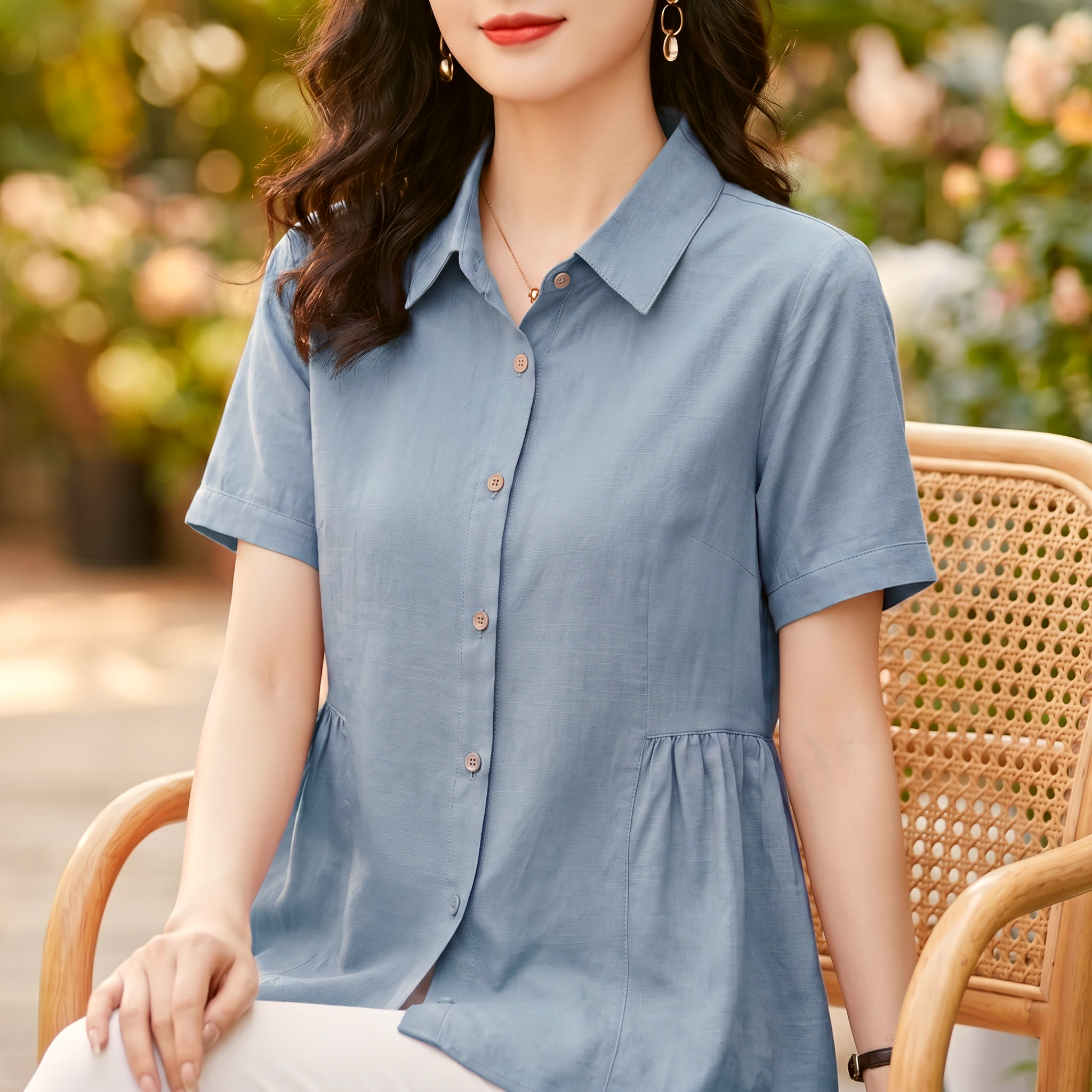 翻领短袖衬衫女夏装新款时尚妈妈宽松上衣大码显瘦胖mm女士衬衣服