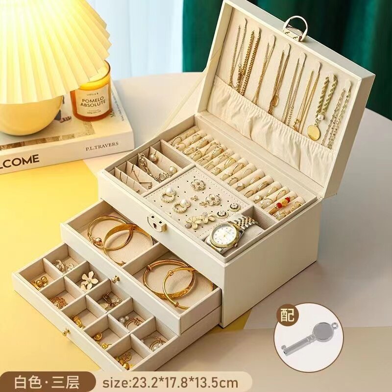 新款大容量首饰盒多层耳钉抽屉式收纳盒子带锁珠宝箱饰品黄金手镯