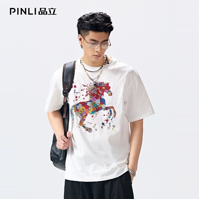 PINLI品立2026夏季新款男士圆领马年印花烫钻短袖T恤上衣青年潮牌