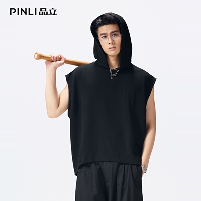 PINLI品立2026夏季新款宽松连帽无袖T恤纯色上衣男潮GD262111011