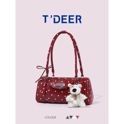 T'deer小众酒红色波士顿枕头包包女2025新款高级感波点单肩手拎包