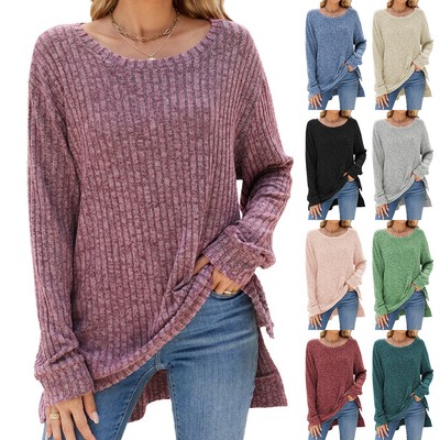 Autumn Women long sleeve ribbed brushed slit T-shirt top