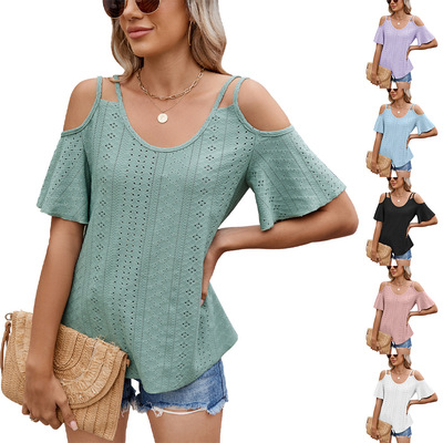 S/S Solid Color V-Neck Off-Shoulder T-shirt Top for Women