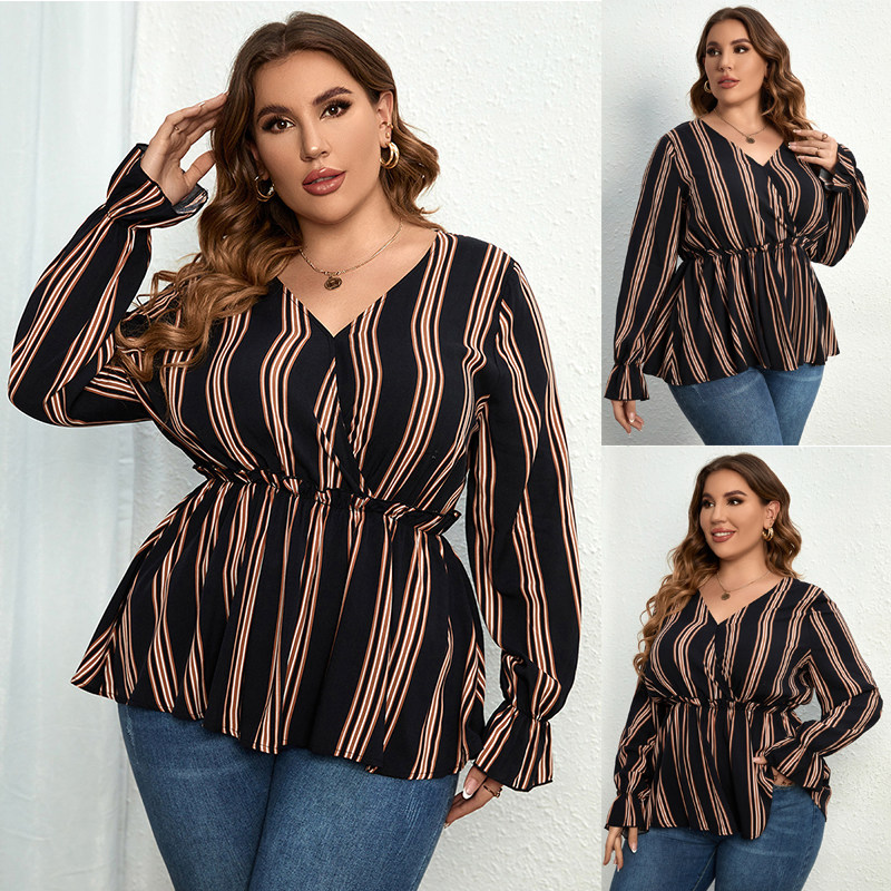Autumn Plus size Women Striped Shirts V neck Tops大码女装_虎窝淘