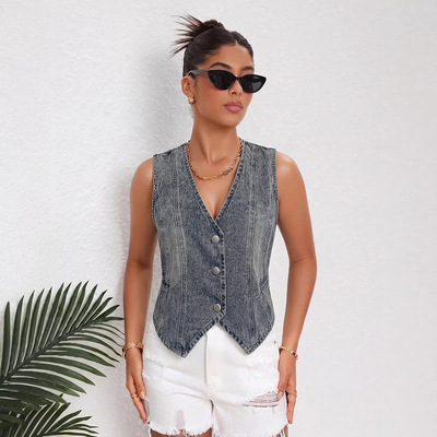 Women Vintage Distressed Denim Vest Casual Outer Waistcoat