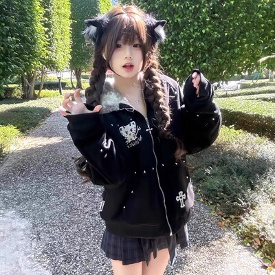 设计感小恶魔猫咪柳丁麂皮绒棉服