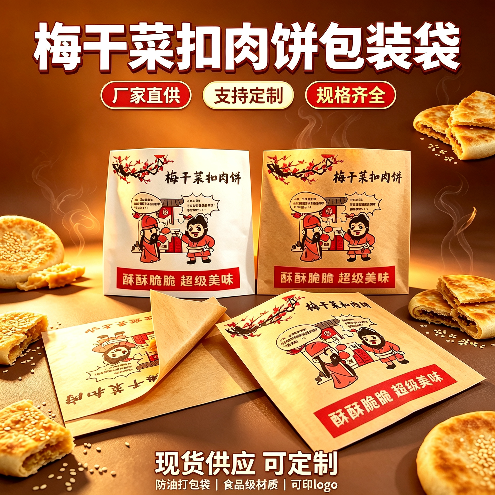 梅干菜烧饼纸袋食品包装梅干菜扣肉饼牛皮纸袋单开双开口定制定做