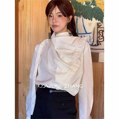 CZZHANG春花边斜门襟飘带衬衫女