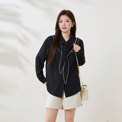 采多宝大码女装胖mm2026春季新款仿棉麻丝巾翻领衬衫FCA6978