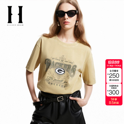 绫致SEASONHIGH女短袖T恤圆领胸口绿湾包装工队立体Logo女