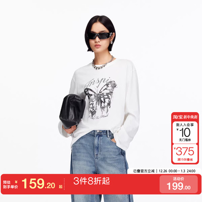 vq区绫致Vero ModaT恤2025秋冬含棉做旧蝴蝶印花烫钻宽松上衣时尚