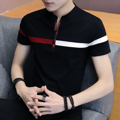 短袖t恤男修身 纯棉男装内搭男士休闲上衣半高领打底衫白色体恤潮