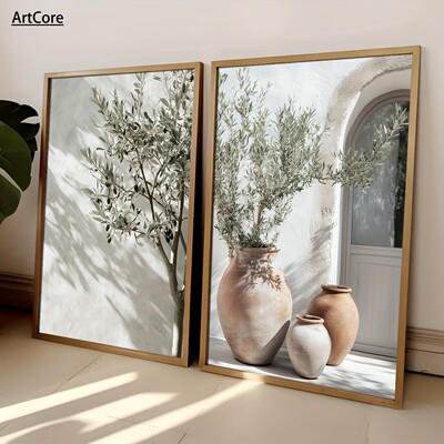 Neutral Olive Tree Shadow Vase Canvas Print Poster Botanical