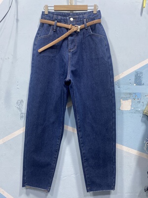 (配腰带)无弹加绒花苞牛仔哈伦裤女冬季加厚宽松百搭老爹牛仔裤