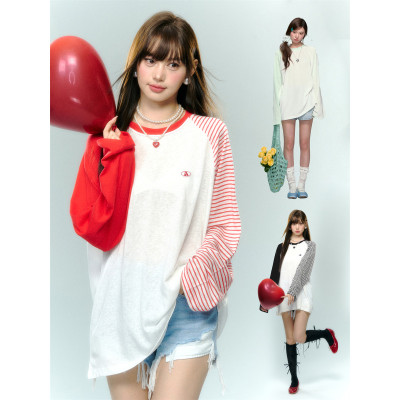 AsGony撞色条纹长袖T恤女早