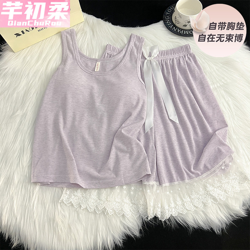 吊带背心带胸垫睡衣女2026夏季冰丝螺纹短袖短裤可外穿家居服套装