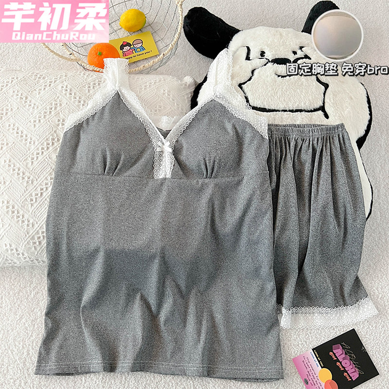 夏季带胸垫睡衣女蕾丝花边无袖吊带套装大码冰丝螺纹冰凉感家居服