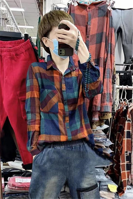 格子衬衣女欧货春装新款百搭棉麻