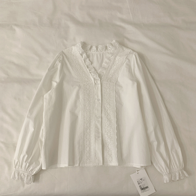 南法白月光 法式蕾丝花边白色衬衫 温柔少女v领衬衣