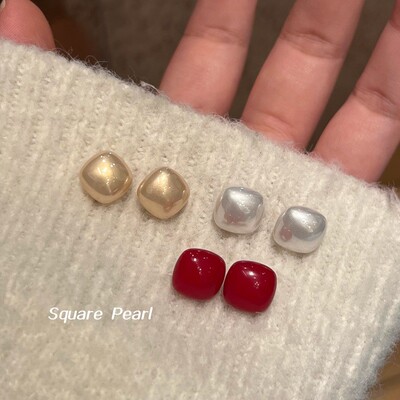 韩系轻奢方形珍珠银针耳钉