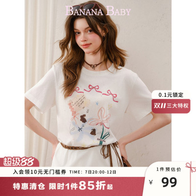 BANANA BABY2026年夏季新款彩色蝴蝶结印花短袖T恤女圆领宽松T恤