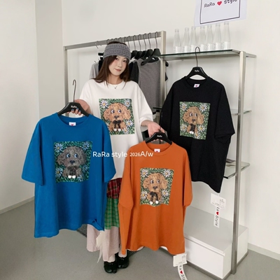 RARA STYLE2026秋季韩版雏菊贵宾狗印花宽松百搭磨毛圆领短袖T恤
