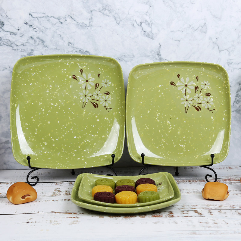 绿色密胺四方盘子盖浇饭盘子创意个性塑料饭盘方形餐厅仿瓷餐具_虎窝淘