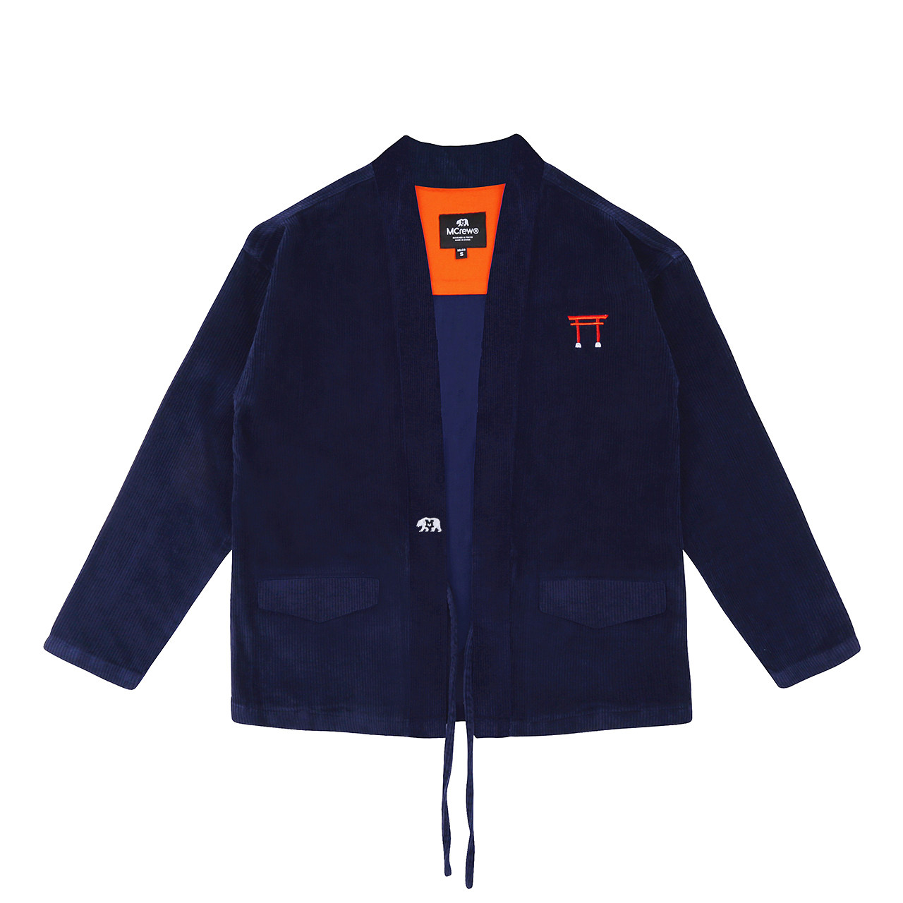 MCREW KYOTO京都鸟居刺绣日式和风灯芯绒藏青蓝开衫长袖和服外套_虎窝淘