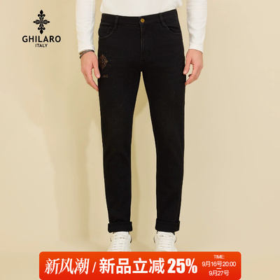 GHILARO/吉那诺男时尚休闲五袋款刺绣烫钻图案LOGO牛仔裤 6062-70
