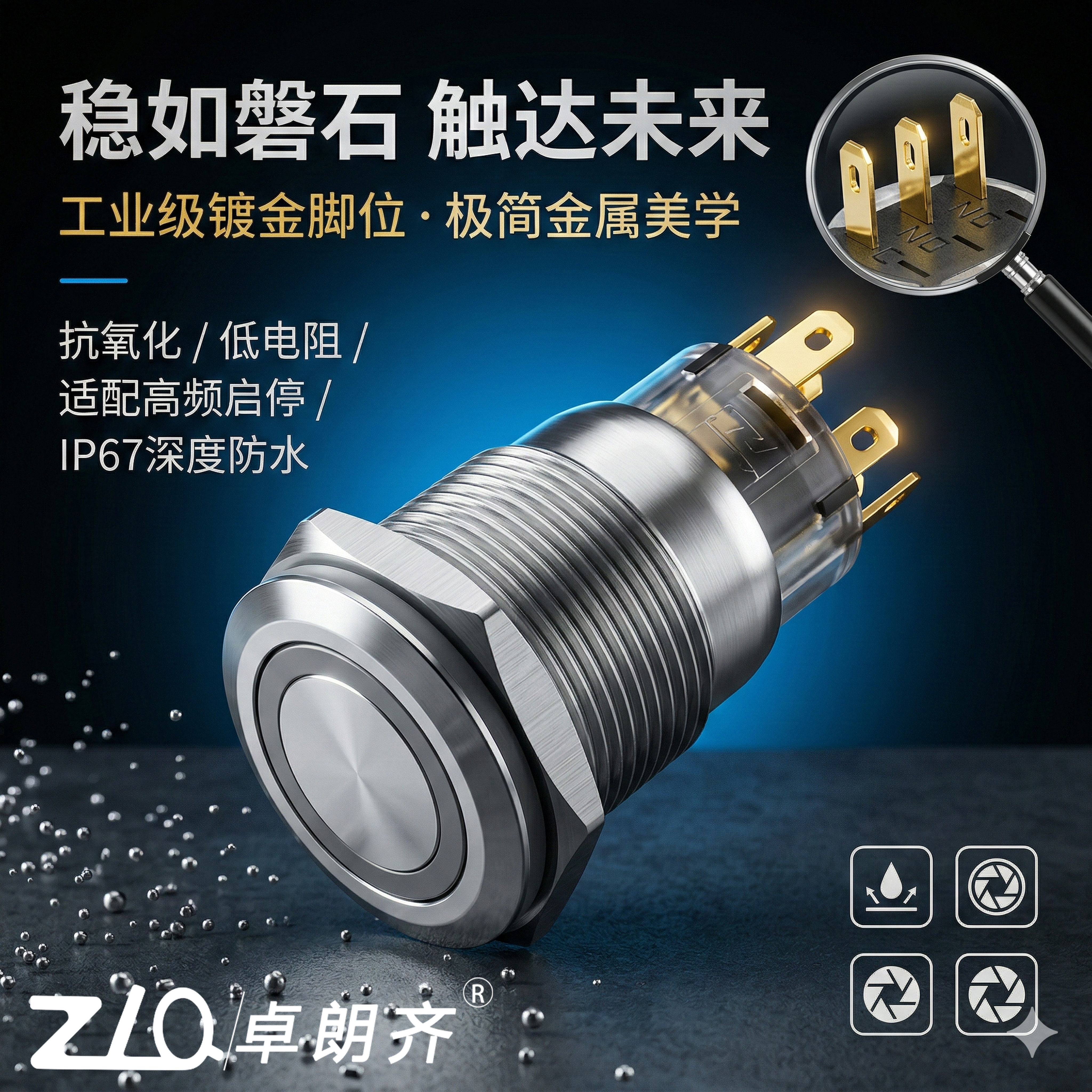 卓朗齐19mm金属按钮开关电源符号LED带灯复位自锁防水不锈钢厂家