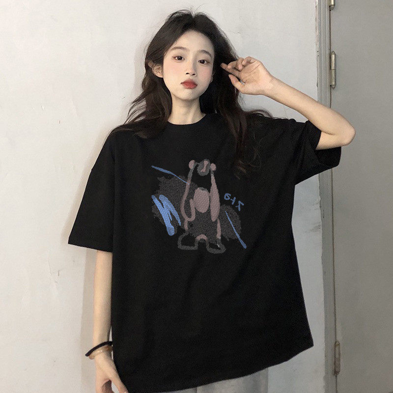 韩系chic大码宽松t恤女百搭休闲别致ins潮设计感减龄纯棉短袖上衣