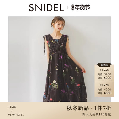 SNIDEL2025秋冬新品优雅V领无袖系带收腰印花连衣裙SWFO254120