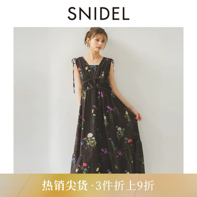SNIDEL春夏款优雅V领无袖系带收腰印花连衣裙SWFO254120