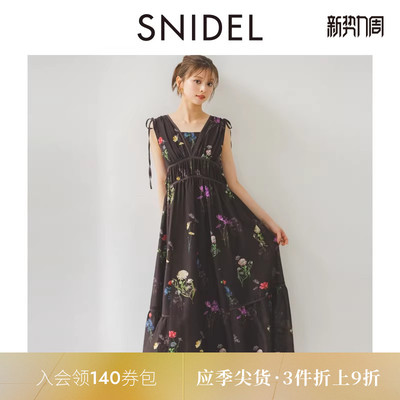 SNIDEL2025秋冬新品优雅V领无袖系带收腰印花连衣裙SWFO254120