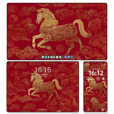 2026年新年快乐鎏金马年红色背景壁纸iPad平板电脑iPhone手机壁纸