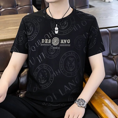暗花t恤男士冰丝短袖夏季修身上衣潮流凉感体恤半袖男时尚轻奢款