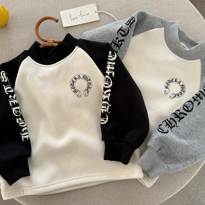 儿童卫衣男加绒2025冬季新款小童字母上衣宝宝保暖打底衫女半高领