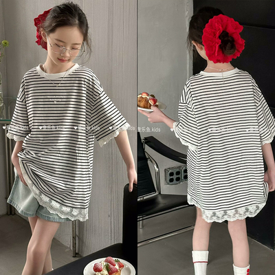 童乐鱼女童蕾丝花边宽松短袖T恤