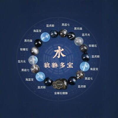 五行属水水晶貔貅手链蓝水晶缺水补水黑曜石海蓝