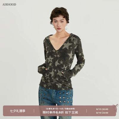 AIRHOOD 美式春秋季迷彩打底连帽长袖t恤女深V领内搭防晒罩衫上衣