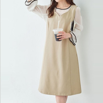 气质OL鸡心领珍珠扣背心裙连衣裙