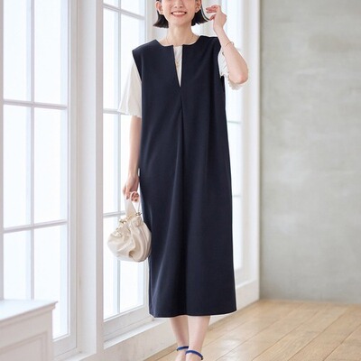 气质百搭前后两穿V领背心连衣裙