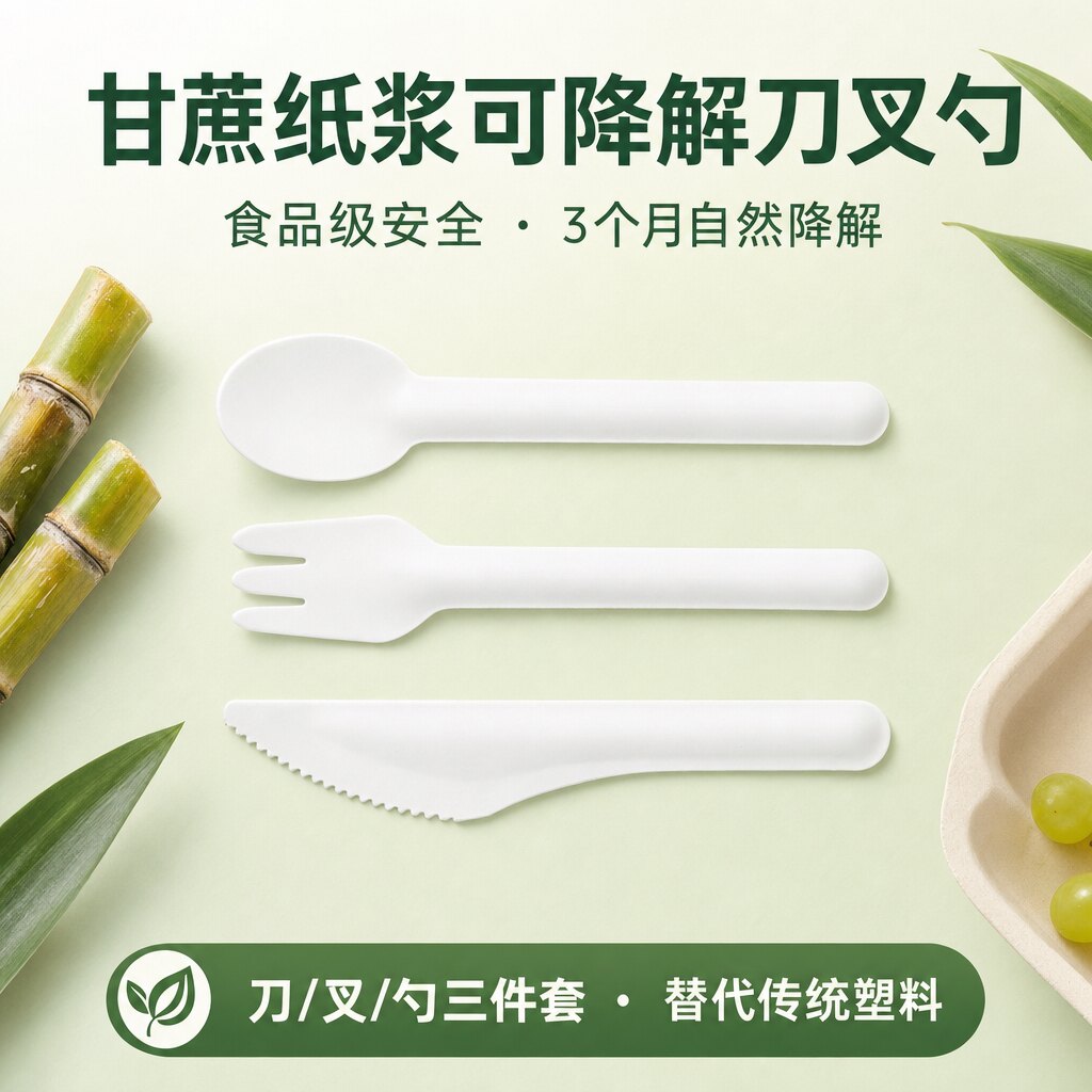 一次性纸浆刀叉甘蔗环保可降解勺子冰淇淋蛋糕甜品三件套餐具西餐