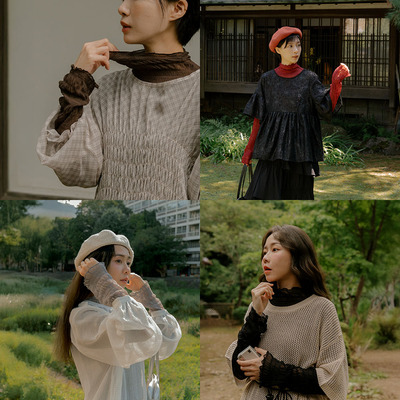 皱皱木耳边透肤高领长袖上衣