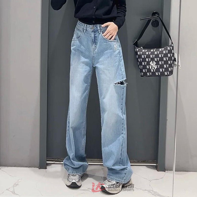 MLB女款NY做旧破洞直筒牛仔裤