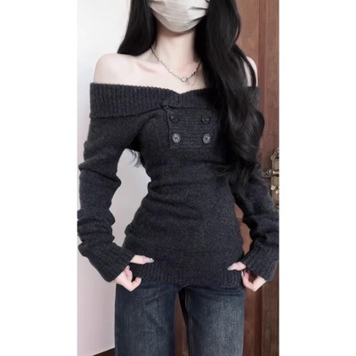 sheepland高智姐姐 韩系气质一字肩羊毛针织衫秋辣妹露肩毛衣上衣