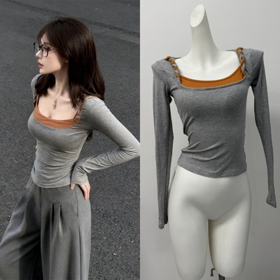 Suuuicee 反转心结 纯欲大方领撞色扭结打底衫假两件长袖修身上衣